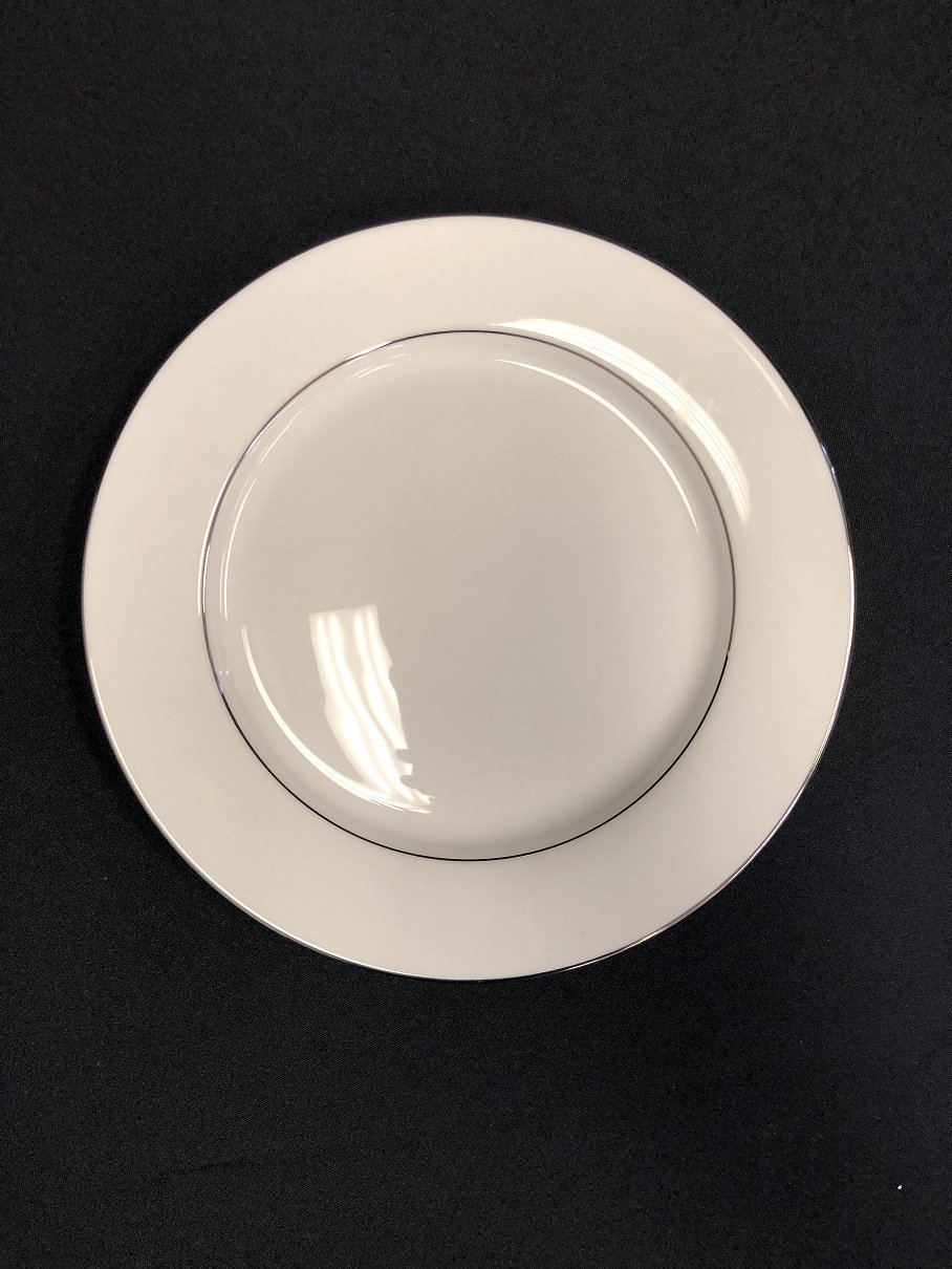 White with Silver Band Dinner Plate, 10" (Dozen) - AAA Party Rentals